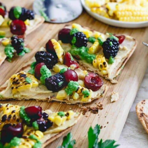 Hummus Flatbread - Flatbread with Hummus, Summer Corn and Fruit