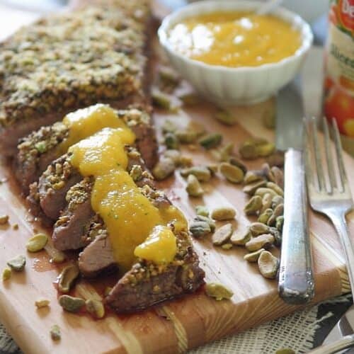 Pistachio Crusted Flank Steak - Pistachio Flank Steak with Peach Puree