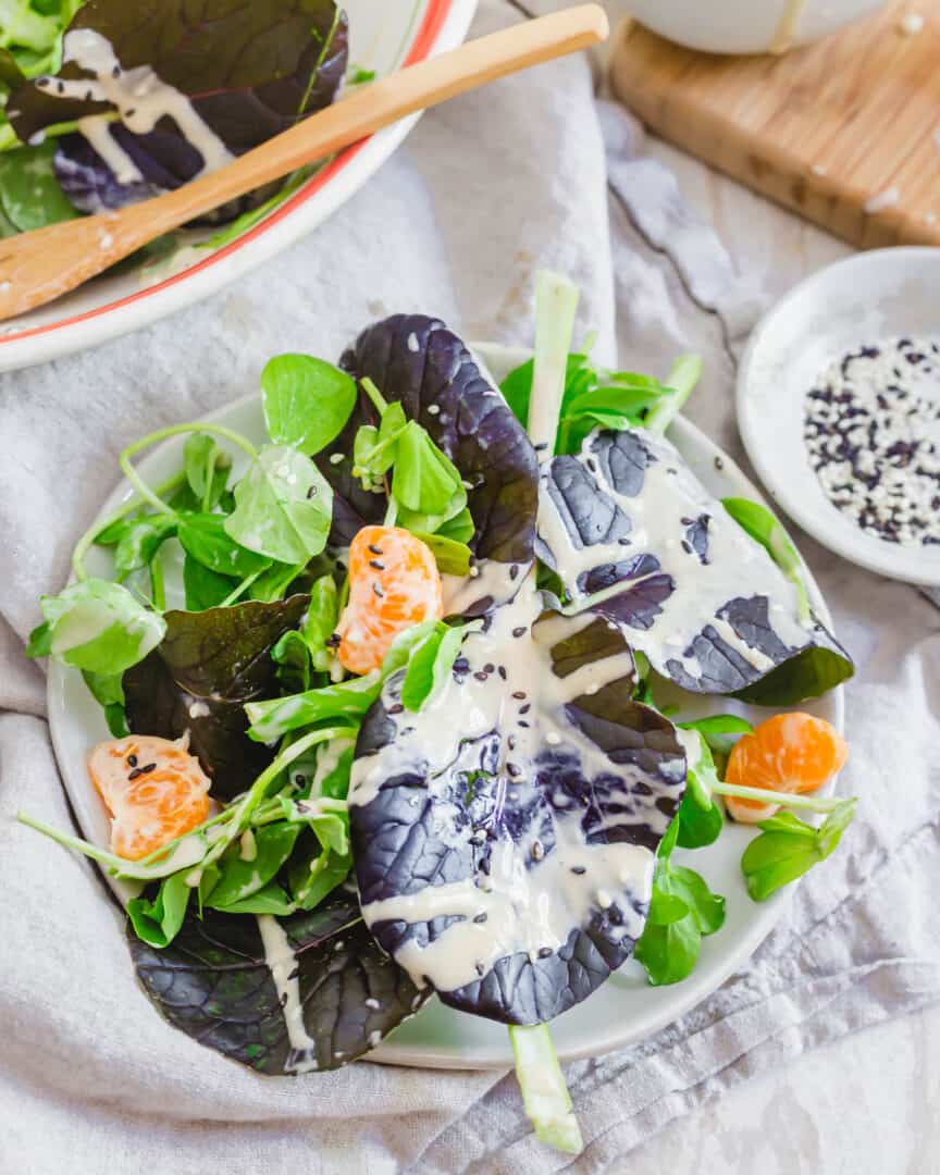 Tatsoi Recipe - Purple Tatsoi Salad with Tahini Dressing